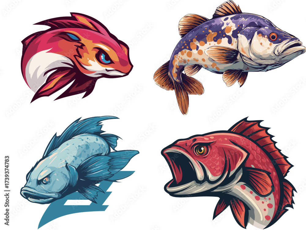Four unique fish illustrations display vibrant colors and styles. Each ...