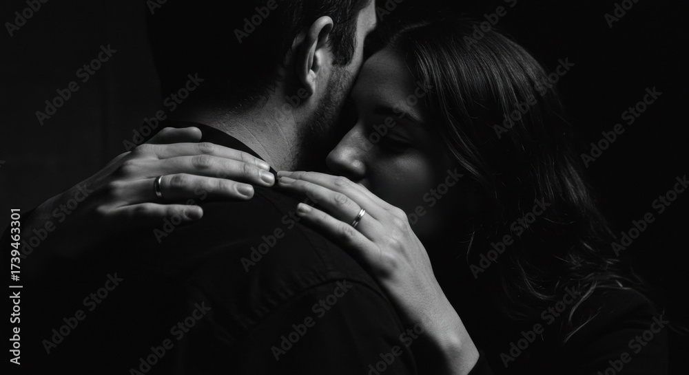 Couple embracing affectionately in intimate black and white portrait ...
