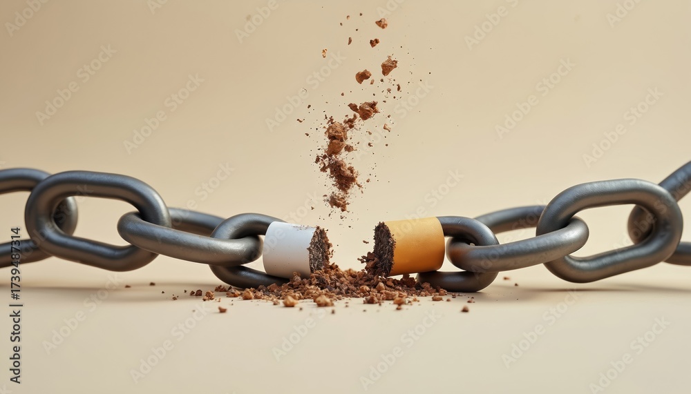 Metal chain features broken cigarette link. Tobacco shreds fall from ...
