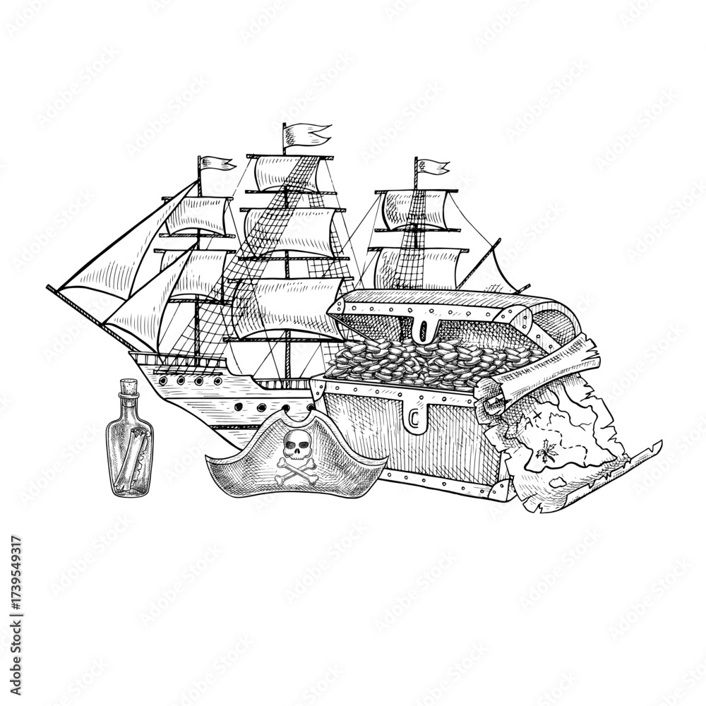 Treasure Island. Medieval sea voyage. Black and white graphics, hand ...