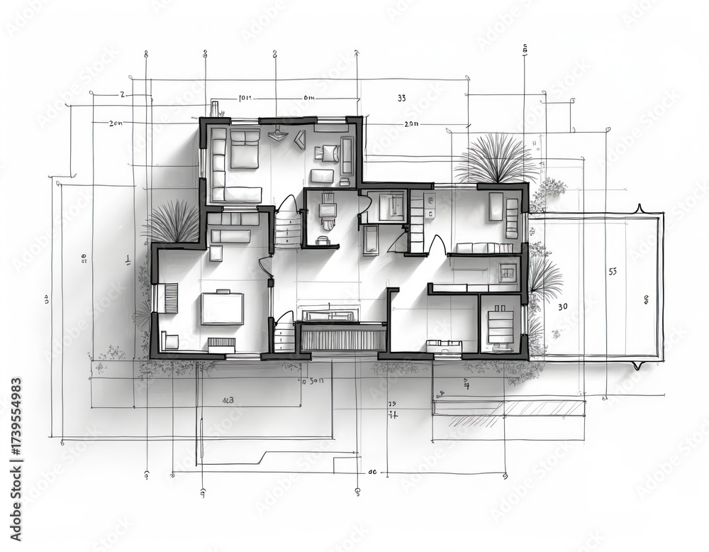 Architectural drawing shows modern house floor plan with rooms and ...