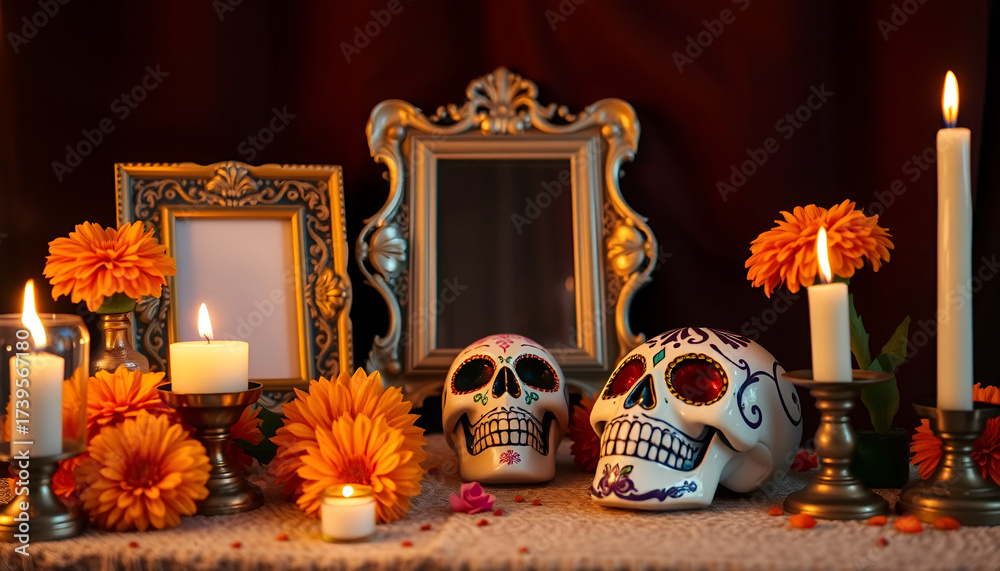 Day of the Dead Altar with Sugar Skulls and Marigolds, Traditional ...
