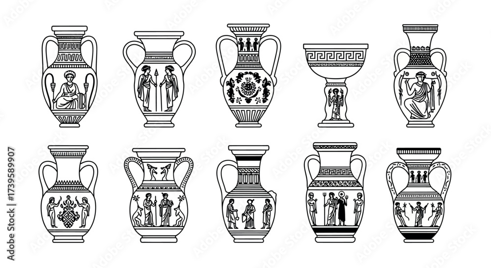 Collection of ancient greek pottery vases and amphorae with ...