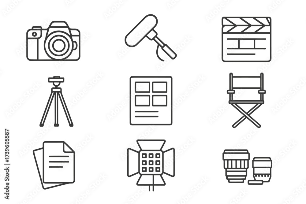 Indie Filmmaking Icons. Line style icons of indie filmmaking essentials ...