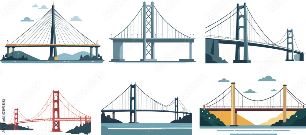Vector illustration of iconic modern bridges with different ...