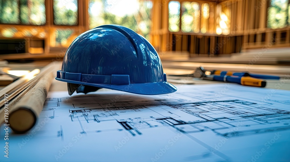 Illustration Stock Professional construction blueprints and hard hat ...