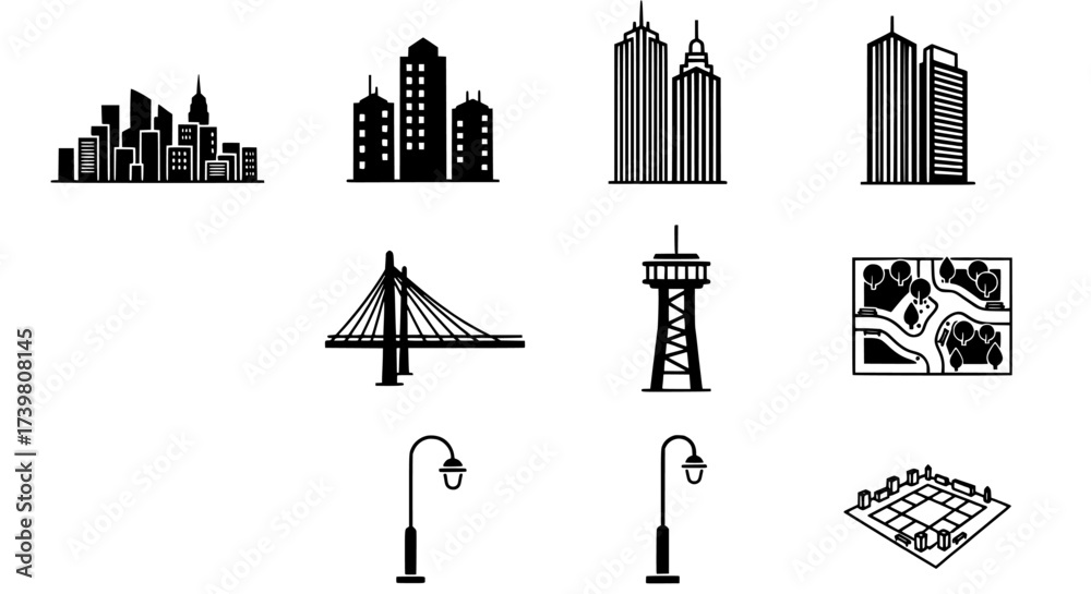 City Icons Urban Elements and Architectural Landmarks Set Stock Vector ...