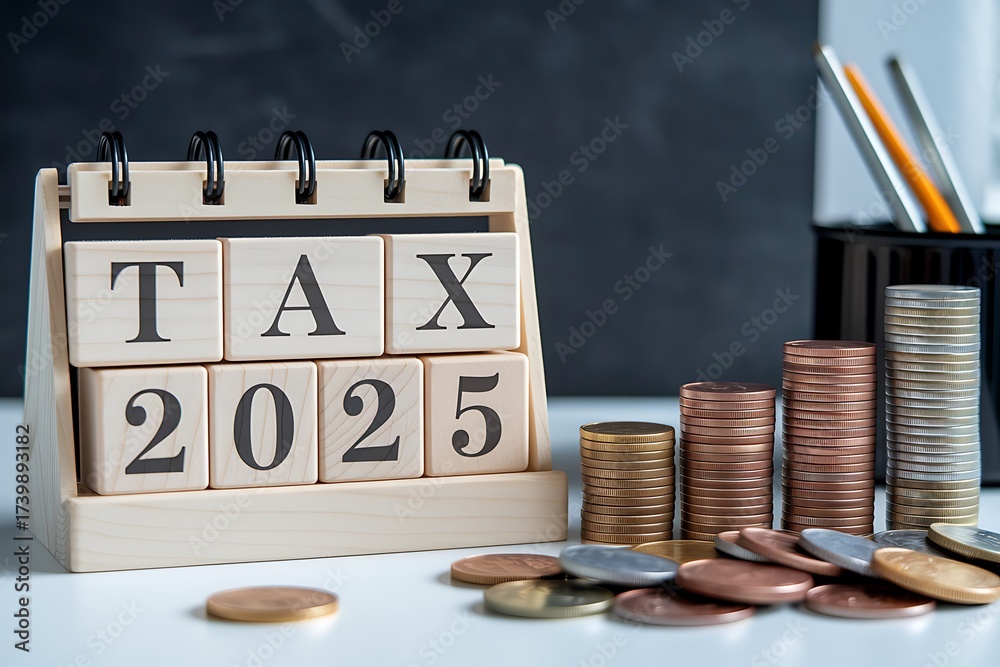 2025 Calendar and Word Tax on coin. Business tax management concept ...