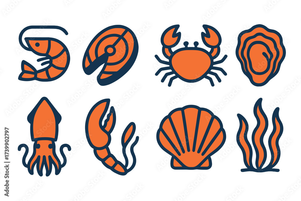 Eight stylized seafood symbols: shrimp, salmon, crab, oyster, squid ...