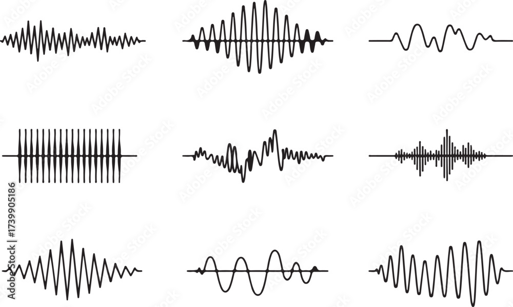 nine waveform types high resolution vector set for audio engineering ...