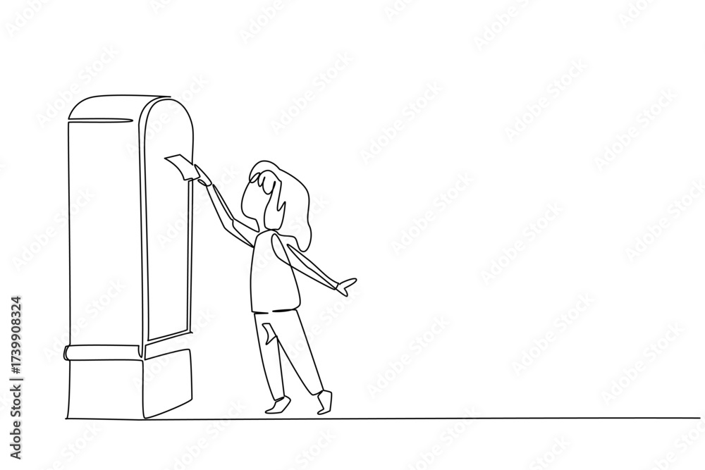 Continuous one line drawing a girl on tiptoe puts a letter into post ...
