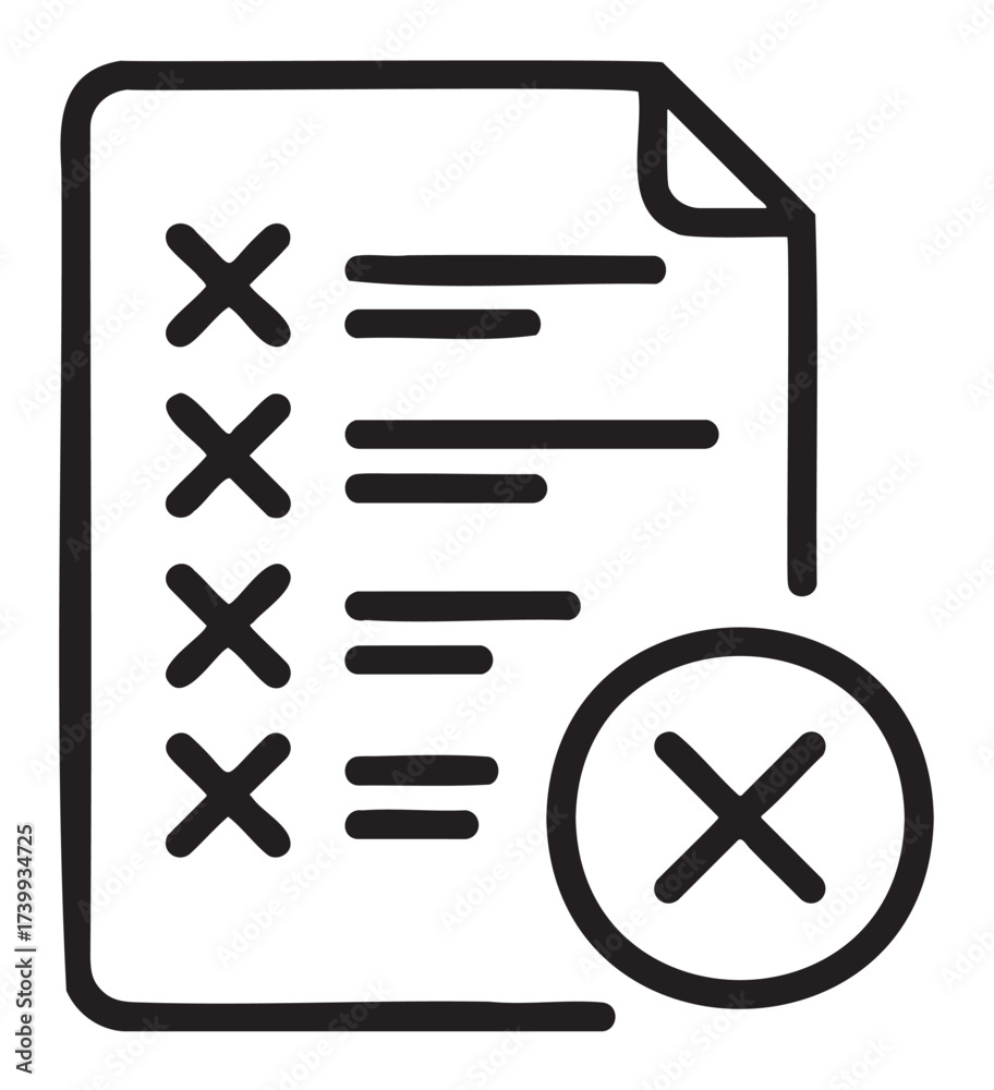 Black outline icon of a checklist with multiple crossed-out items and a ...