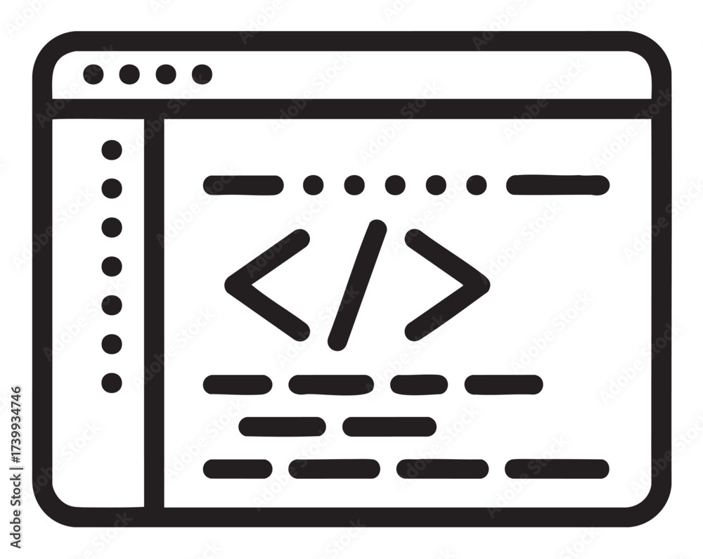 Black outline icon of a web browser window displaying html code with angle brackets ...