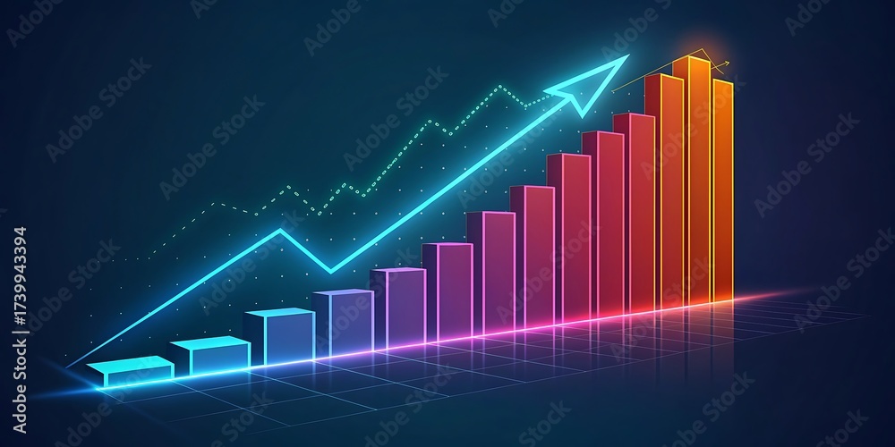 Neon bar chart and line graph showing upward trend Stock Photo | Adobe ...