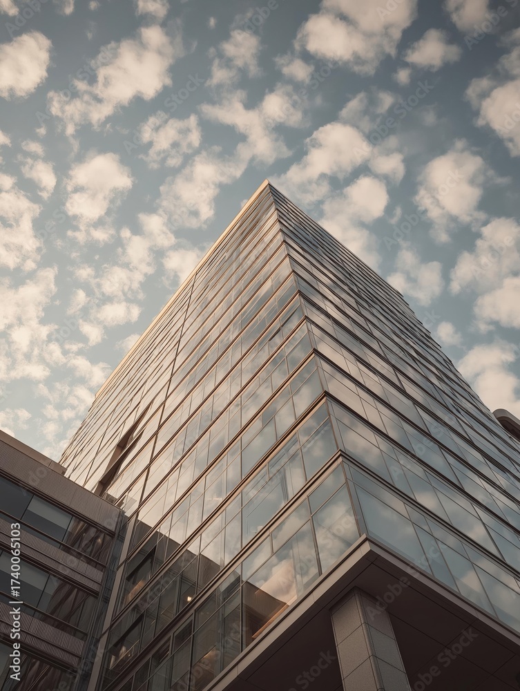 Photograph of a tall, modern building with a unique architectural ...