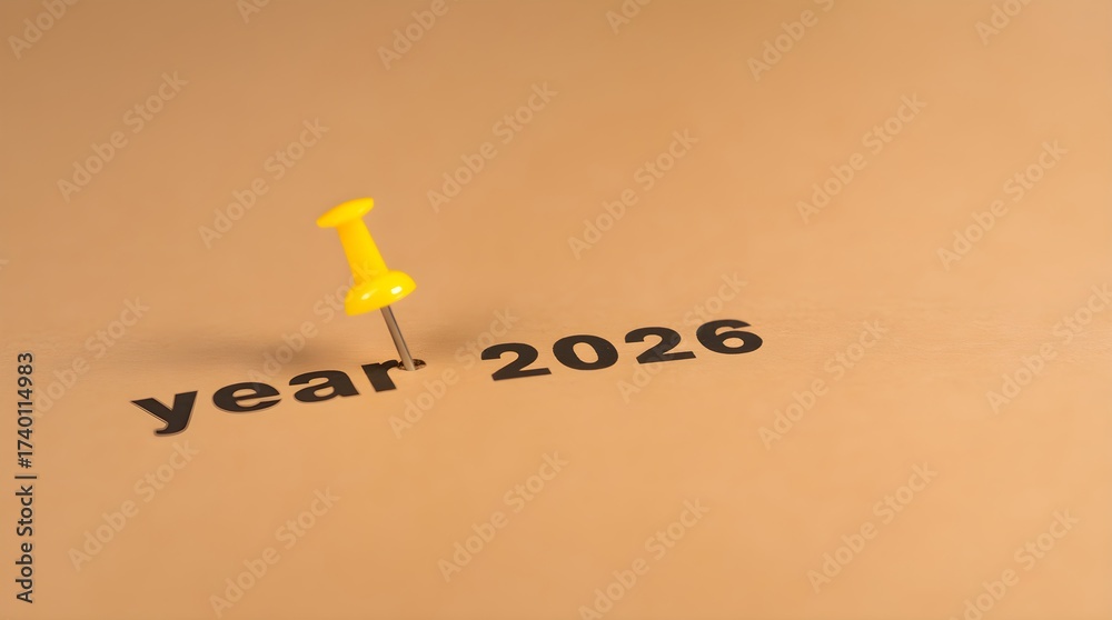 Red pin marks year 2026 on brown paper. Stock Photo | Adobe Stock