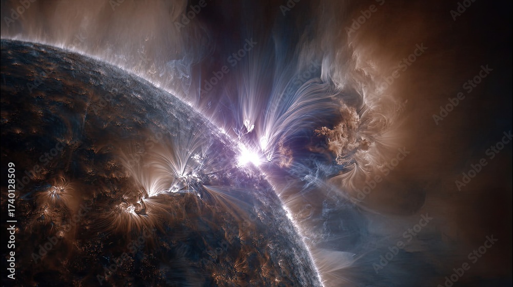 Magnetic flare on the Sun. A powerful explosion with the ejection of ...