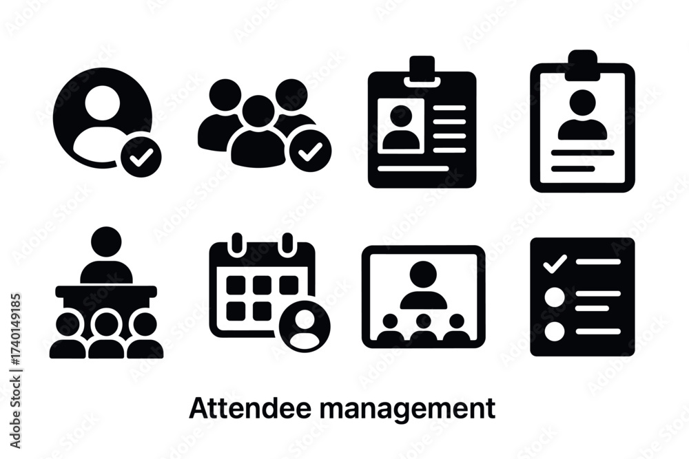 Attendee management and event registration icon set. Vector black ...