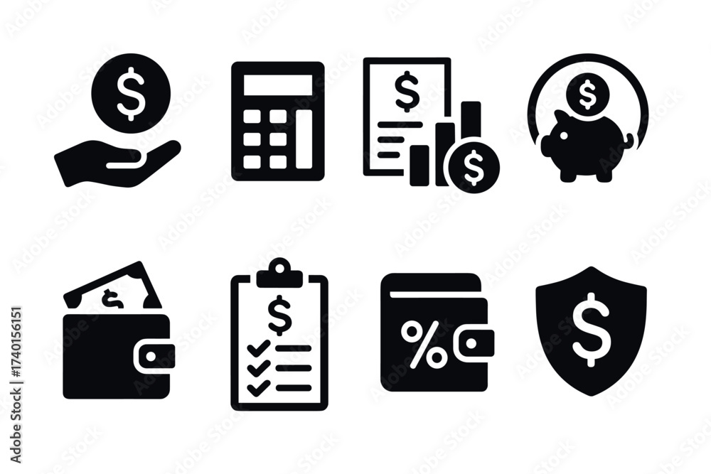 Personal finance and money management icon set. Vector black symbols of ...