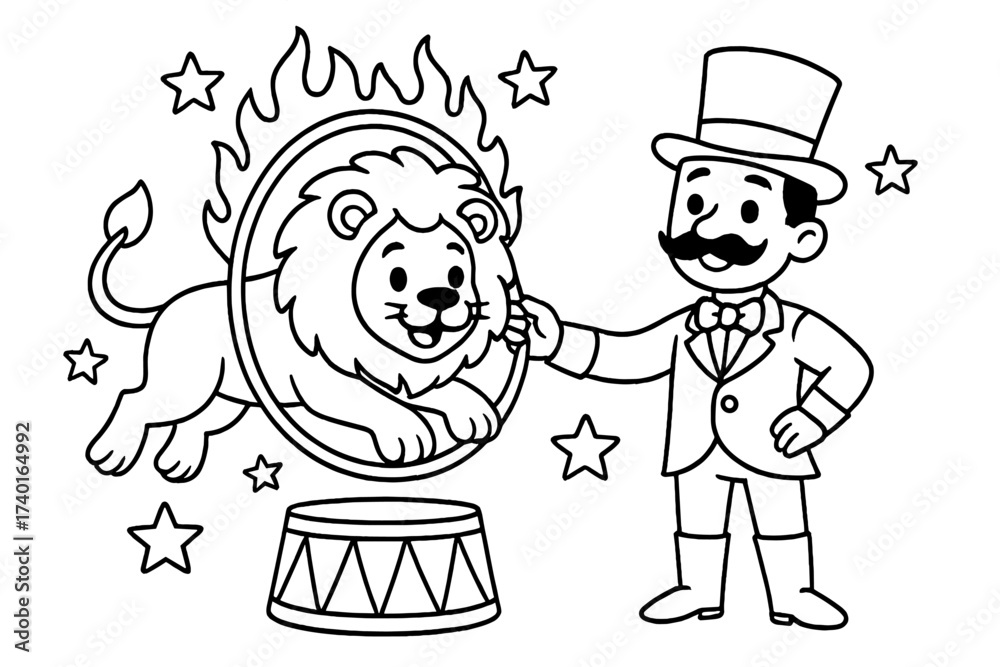 Lion's Fiery Leap. Circus coloring page: lion jumping through ring of ...