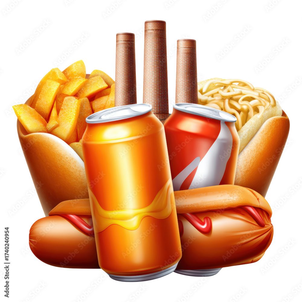 Fast food snack convenience meal soda can hot dog french fry wafer roll ...