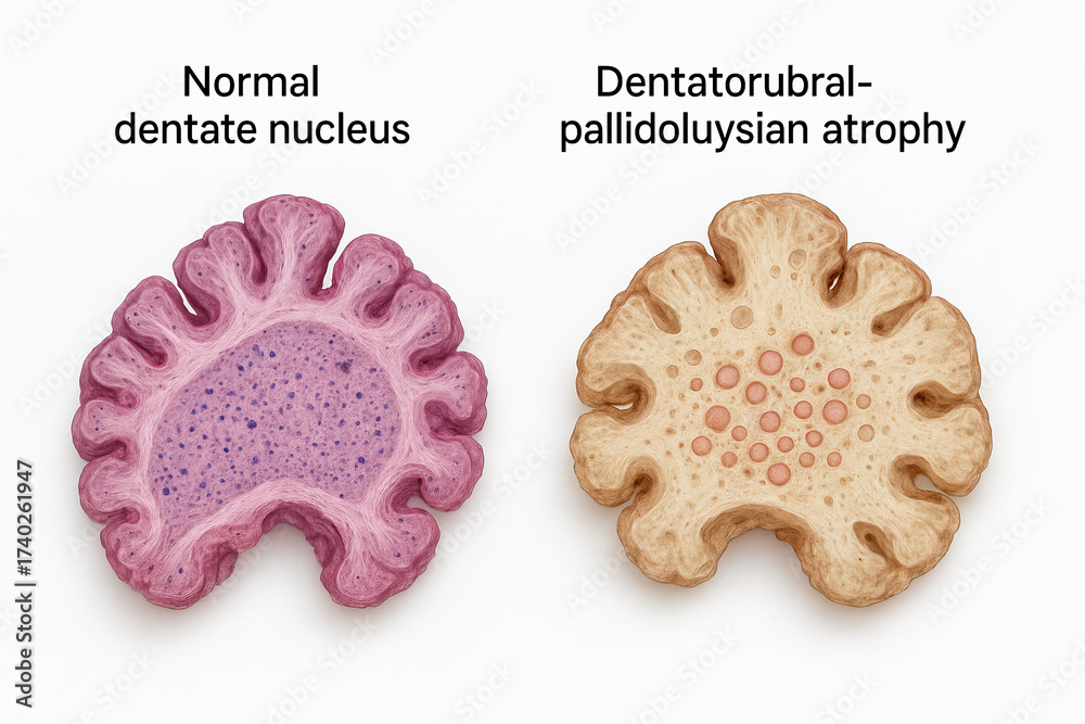 Medical illustration comparing a normal dentate nucleus with ...