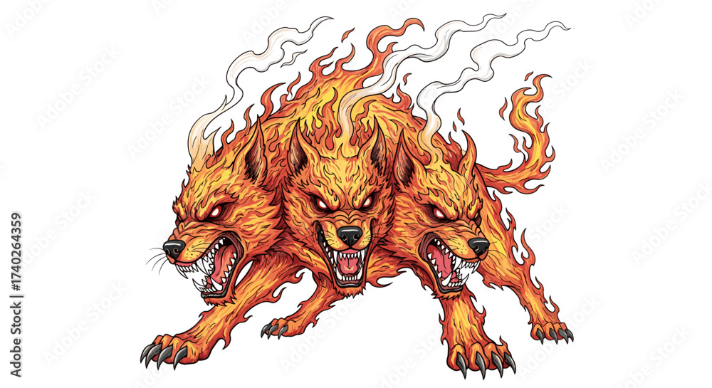 Fiery Cerberus: Three-Headed Hellhound with Flames and Smoke on White ...