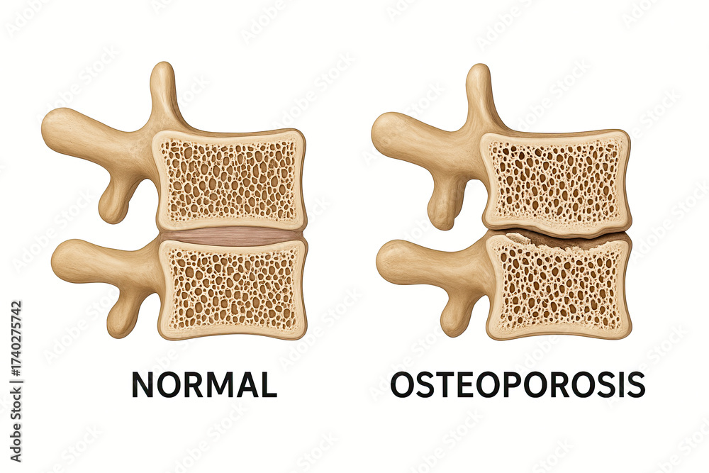 Illustration of normal vertebrae compared to vertebrae affected by ...