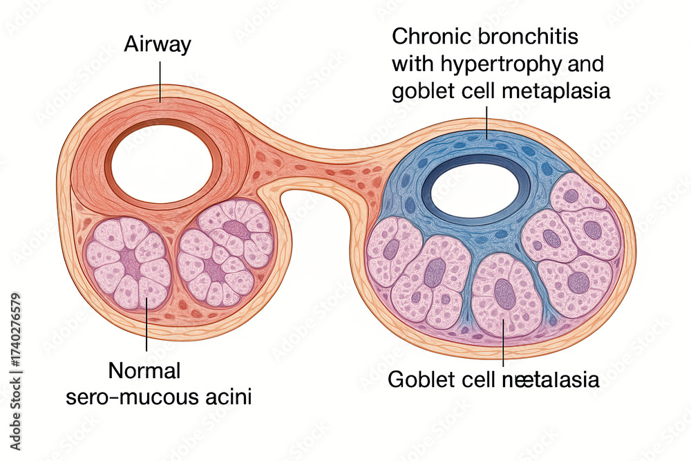 Illustration showing normal sero-mucous acini and airway compared to ...