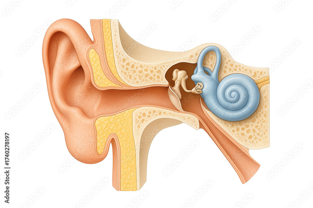 Anatomical illustration of the human ear showing outer, middle, and ...