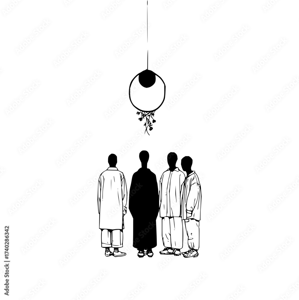 Four figures stand beneath a hanging circular object with foliage in a ...
