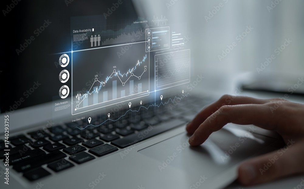 High-tech data visualization dashboard for analytics and performance tracking, including data ...