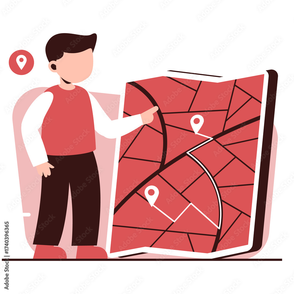 Detailed Flat Map Illustration of a Person Tracing a Route with ...