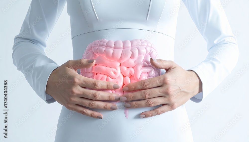 3D medical illustration highlighting the human appendix, inflamed with ...