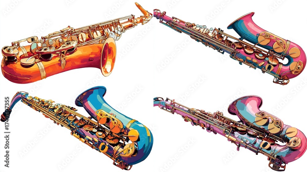 Four saxophones, each in a distinct color palette, depicted in a vector ...