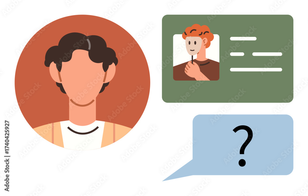 Person avatar next to ID card with portrait and question mark in speech ...