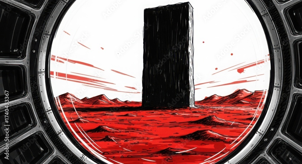 Mysterious black monolith on a red alien planet viewed through a ...