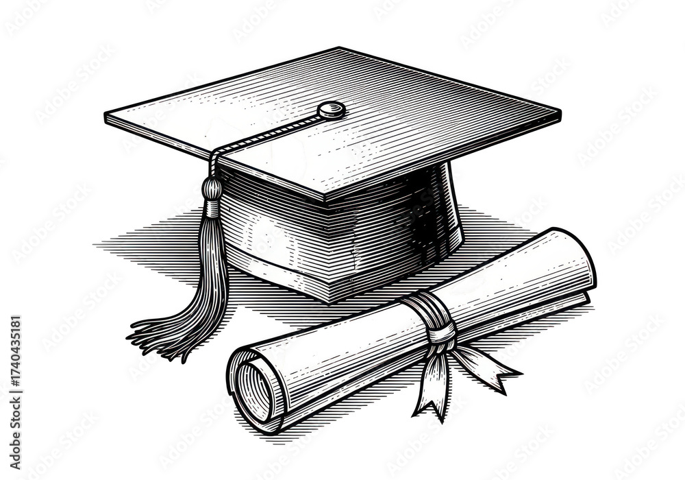 Vintage graduation cap and diploma engraving isolated on transparent ...