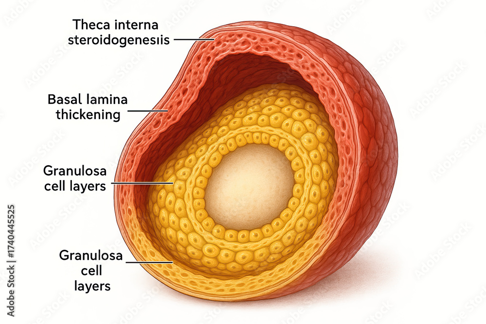 Detailed cross-section of a follicle showing theca interna, basal ...