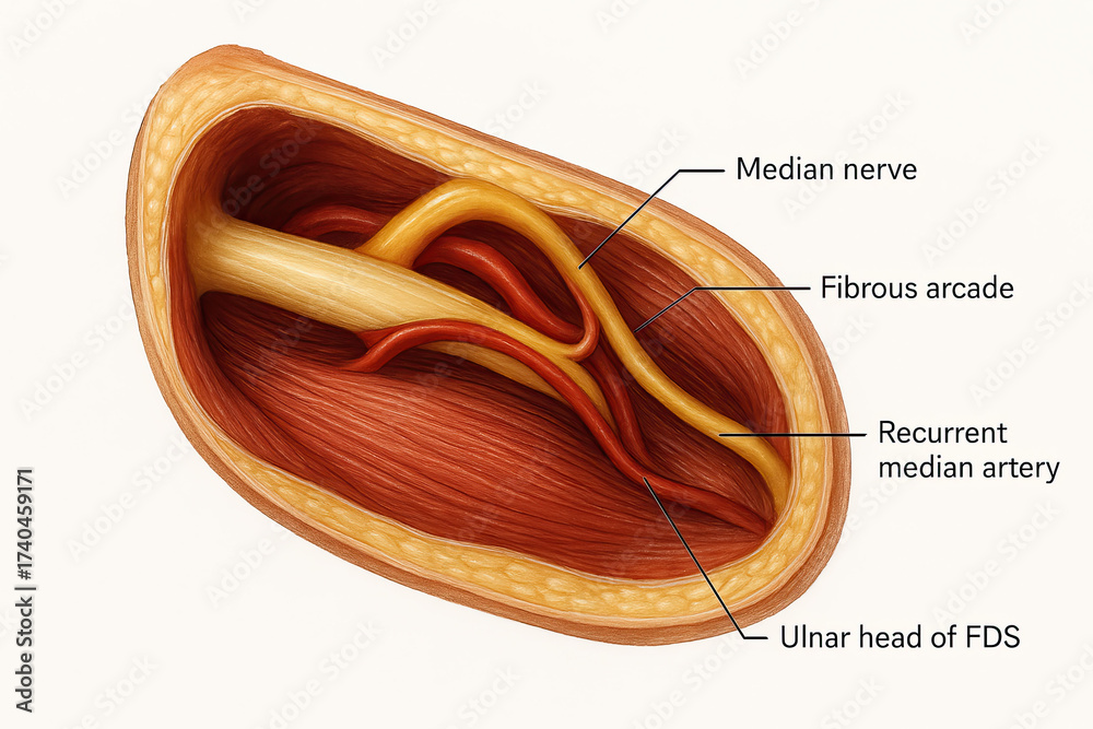Anatomical illustration of median nerve, fibrous arcade, recurrent ...