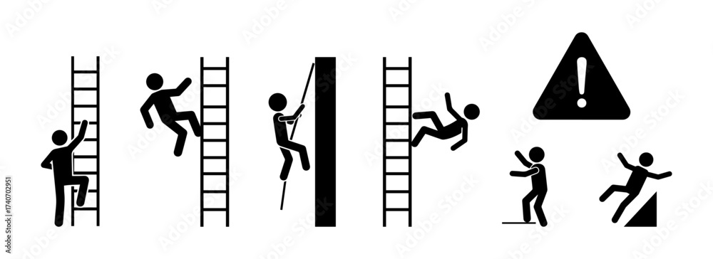 Stickman falling from ladder and climbing accident danger icon set ...