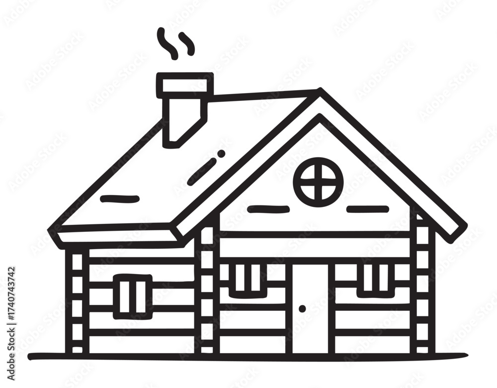 Black outline icon of a classic log cabin with a pitched roof, chimney ...