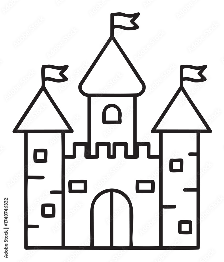 Black outline drawing of a simple medieval castle with three towers ...