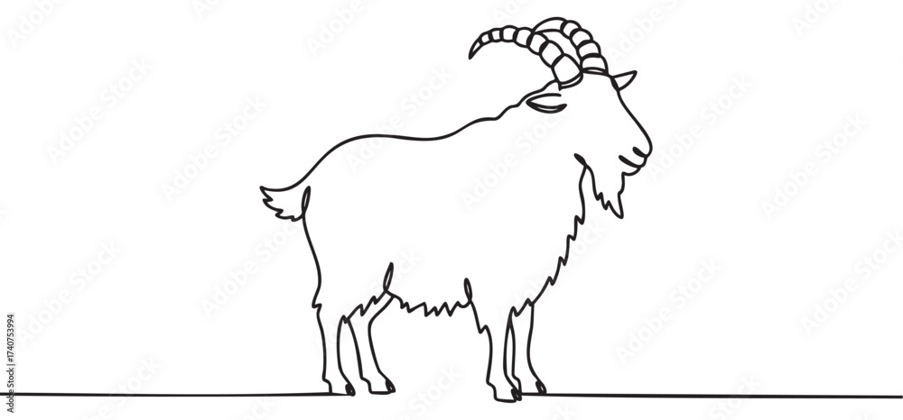 Continuous single line drawing of a goat with curved horns facing left ...