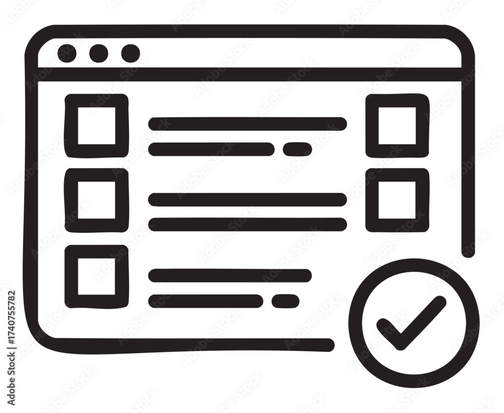 Black outline of a browser window interface with circular check mark ...