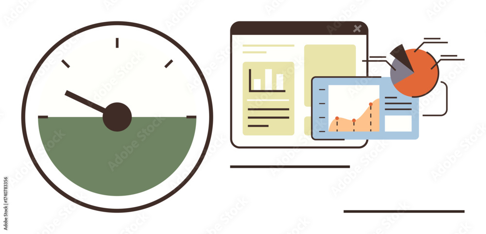 Speedometer gauge alongside digital analytics, pie chart, and line ...