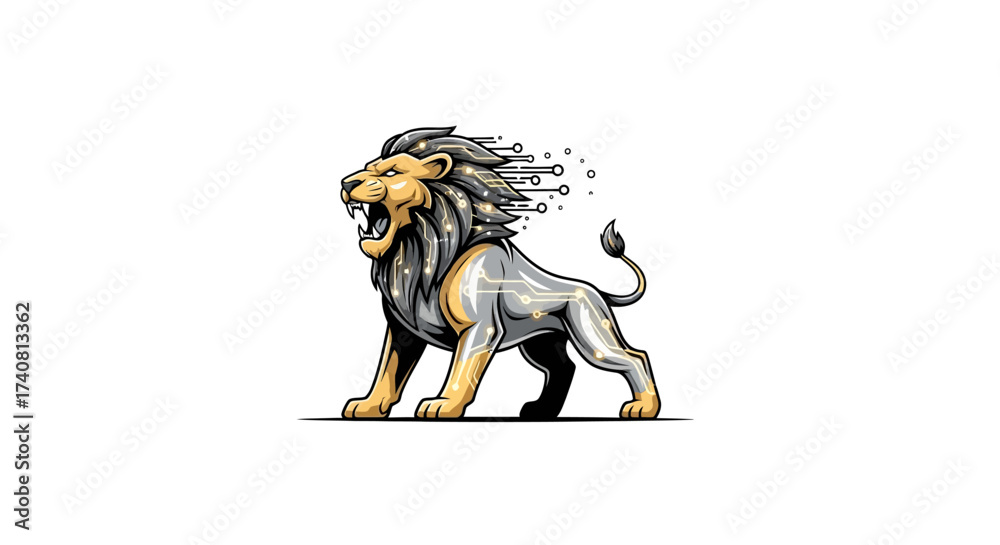 Roaring lion mascot with tech circuit design offers a dynamic symbol ...