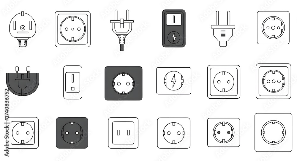 Variety of Electrical Outlets and Plugs Line Art Collection Stock ...