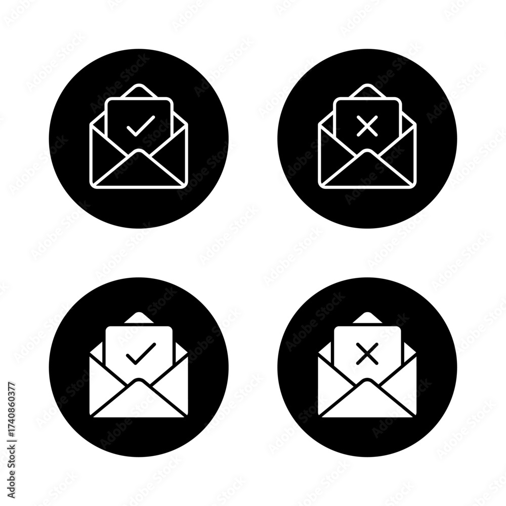 Email envelope with check and cross mark icon. Approved and rejected ...