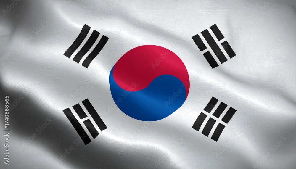 South Korean national flag Taegukgi with red and blue Taeguk symbol ...